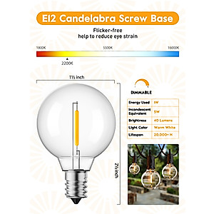 G40 Led Replacement Light Bulbs 1W Shatterproof Globe Bulb fits E12 Candelabra Screw Base, 1.5 Inch Dimmable Light Bulbs for Indoor Outdoor String Lights, Patio Cafe Decor, Warm White, 25 Pack