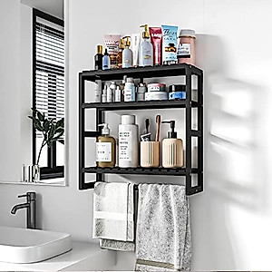 Galood Bathroom Organizer Shelves Black Adjustable 3 Tiers Floating Shelf Over The Toilet Storage with Hanging Rod