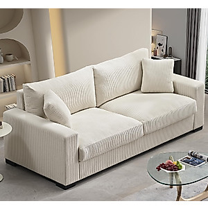 Container Furniture Direct Luxe Corduroy Sofa with 2 Toss Pillows, Spacious and Comfortable 3 Seater Couch for Modern Living Room, Ideal for Entertainment and Cozy Moments, 89" Wide, Beige