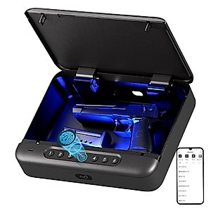 PINEWORLD Biometric Gun Safe, Smart Handgun Safe, 4-Quick Access Pistols Safe With Fingerprint/Key/Passcode/APP For Belongings, Gun Lock Box For Nightstand, Car, Home with Light/Full Voice Prompt