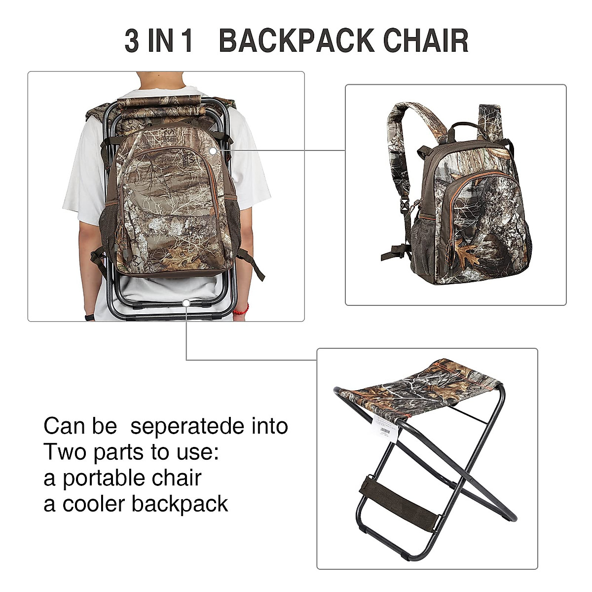 TR 3 in 1 Cooler Backpack Chair for Adults,Portable Hunting Backpack and Seat Combo, Foldable Fishing Backpack Stool,Camping Backpack Chair with Insulated Cooler Bag for Outdoor Venture Hiking Cycling