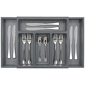 KAKUNM Adjustable Silverware Organizer | Cutlery Utensil Organizer Silverware Tray for Drawer Apartment Essentials, Convenient Flatware Kitchen Organization and Storage for Spoon Knife, Gray