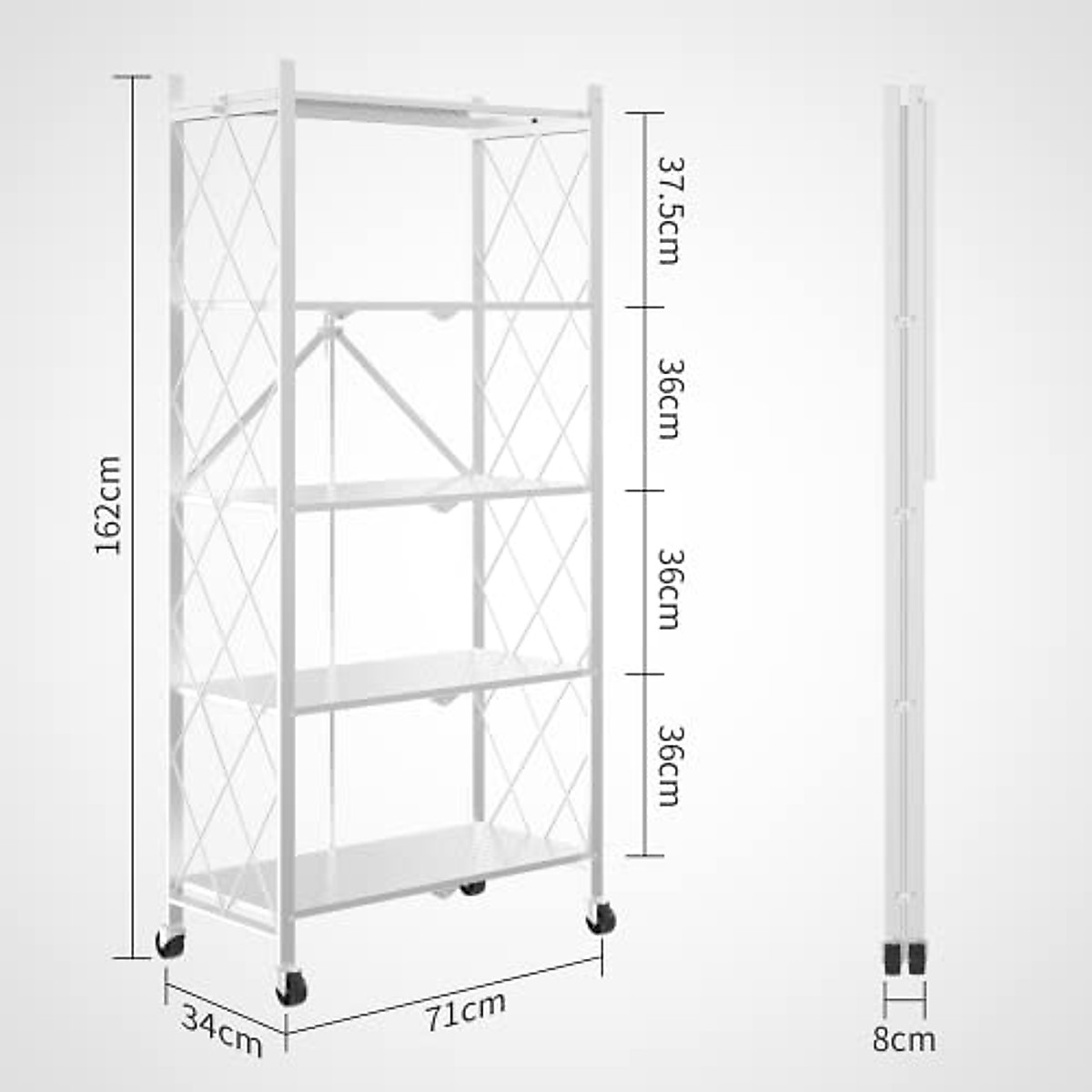 Muichi Folding Shelf 5-Tier, Foldable Shelves with Wheels, Heavy Duty Shelving Unit, Sturdy Metal Shelf Storage Organizer Rack for Kitchen, Garage, Home, Office, Garden (White)