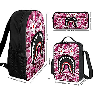 Shark Face Camo Pink Backpack Ba&p_e 3 Piece Set with Lunch Box Pencil Case Laptop Daypack Bookbag for School Travel