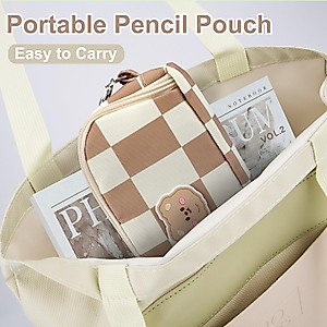 MOSA BEAR Pencil Case Large Capacity Pencil Pouch with Zipper Portable Office Stationery Makeup Bag, Aesthetic Big Capacity Pen Bag for Teen Girls, Women(Brown)