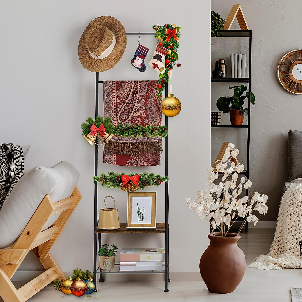 Blanket Ladder Christmas Stocking Holders for Mantle Black Towel Ladder with Shelf Metal Blanket Ladder Holder for Bathroom Standing Ladder Towel Rack with Hooks for Living Room Bedroom Laundry Room