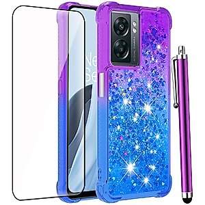 CAIYUNL for Oneplus Nord N300 5G Case with Tempered Glass Screen Protector,Glitter Bling Floating Liquid Women Girls Cute Phone Case Soft TPU Protective Cover for Oneplus Nord N300 5G-Purple Blue