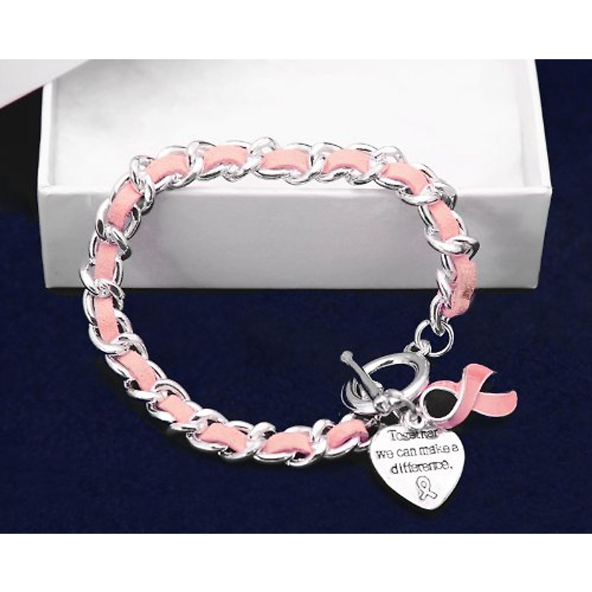 12 Pack Breast Cancer Awareness Pink Leather Rope Bracelets - Wholesale Pink Ribbon Awareness Bracelets for Breast Cancer Awareness Month