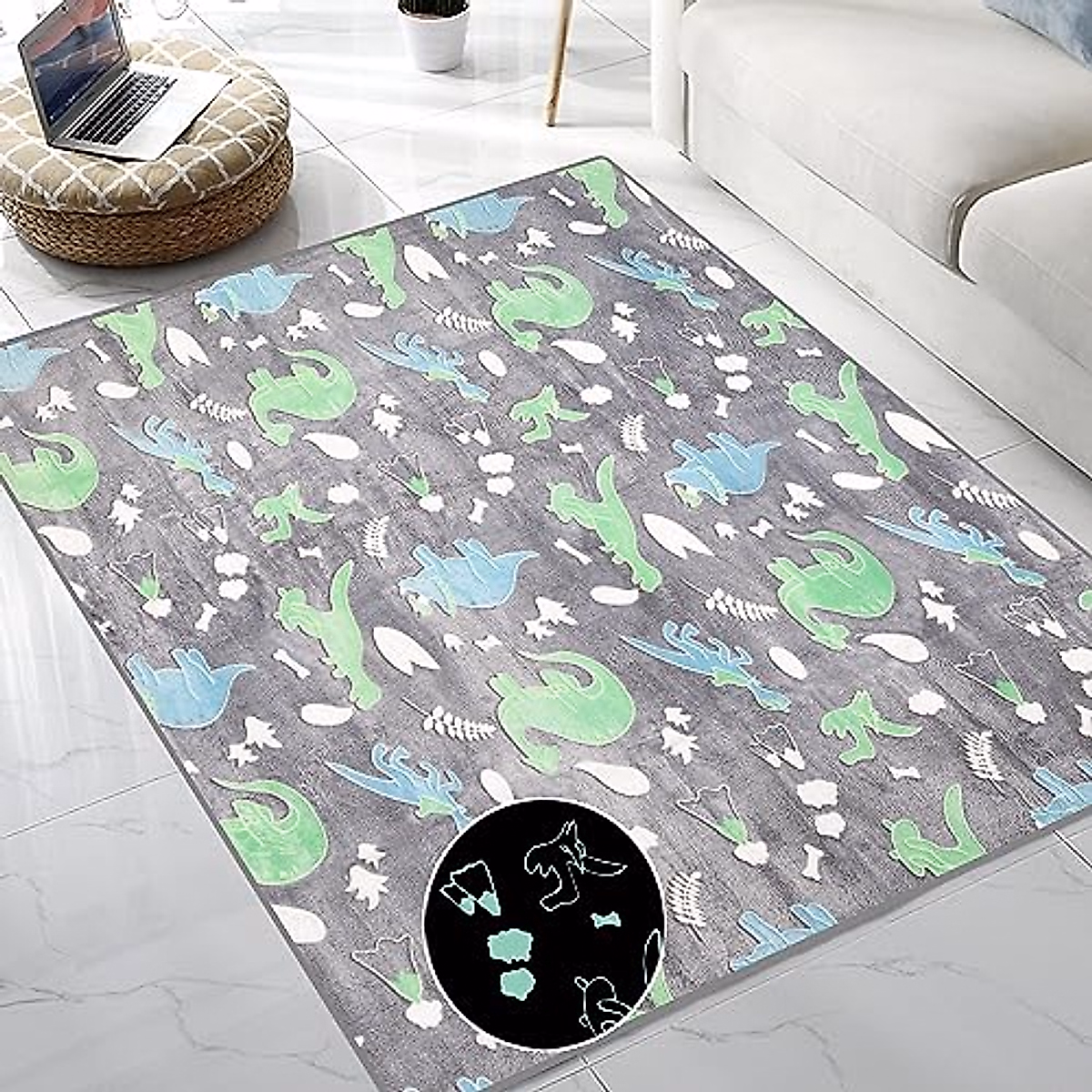 QH Cute Dinosaur & Leaf Pattern Glow in The Dark Area Rug Area Rug for Living Room Bedroom Playing Room Size 5'x6'