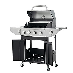 Propane Gas Grill, 4 Burners BBQ Grill with Side Burner & Thermometer, Freestanding Stainless Steel Grill Cart with Wheels for Outdoor Garden Cooking Barbecue, 42000 BTU