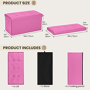 COSYLAND Ottoman Bench with Storage large - 30x15x15in folding Leather Ottoman, Rectangle Foot Stool Foldable Storage Chest Ottoman Footrest Footstool Collapsible with Lid for Bedroom Living Room Pink