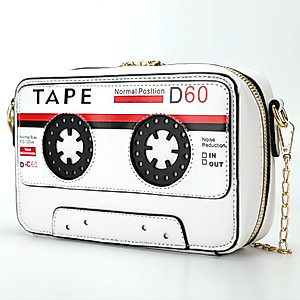 QiMing Retro Tape Shaped Evening Purse,PU Audio Cassette Crossbody HandBag for Women(White)
