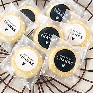 Self Adhesive Cookie Bags Cellophane Treat Bags, White polka dots with Black and White “Thanks” Print for Party Gift Giving Bakery Candy Cookie (100 Pcs, 3.94 x 3.94 Inches)