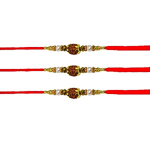 KHANDEKAR Set of 3 Pc Single Rudraksha Rakhi for Brother Bhaiya Bhabhi Traditional Handmade Premium Quality Designer Rakhi Set with Roli Chawal, Rakhi Thread Rakhdi Bracelets