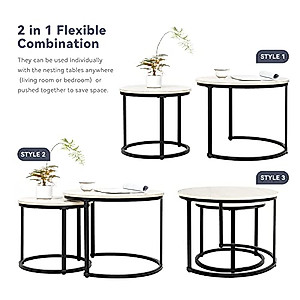 Miereirl Round Nesting Coffee Table Set 2 for Living Room Bedroom Office Side End Tables Sturdy Metal Frame and Faux Marble Table Top White Grey