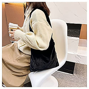 WAGHAIXAX Fluffy Tote Bag Y2K Long Strap Furry Tote Bag Large Cute Plush Bag Women Furry Underarm Bag for Autumn and Winter (Black)