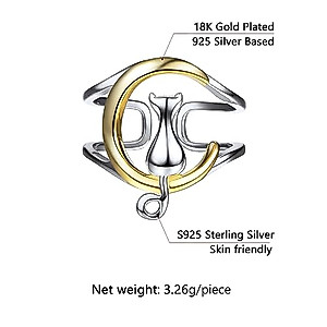 SILVERCUTE Women Cat Ring 925 Sterling Silver 18K Gold Plated Cat on the Moon Cute Wrap Ring Adjustable