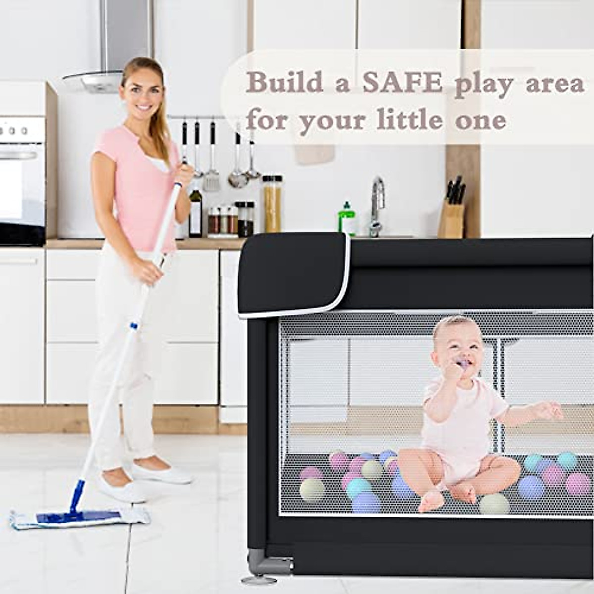 Extra Large Baby Playpen for Babies Toddlers 71"X79" -Portable Big Baby Playard with 2 Door for Indoor - Black Baby Play Yard Fence with 50 Ocean Balls 2 Pull Rings A Storage Bag