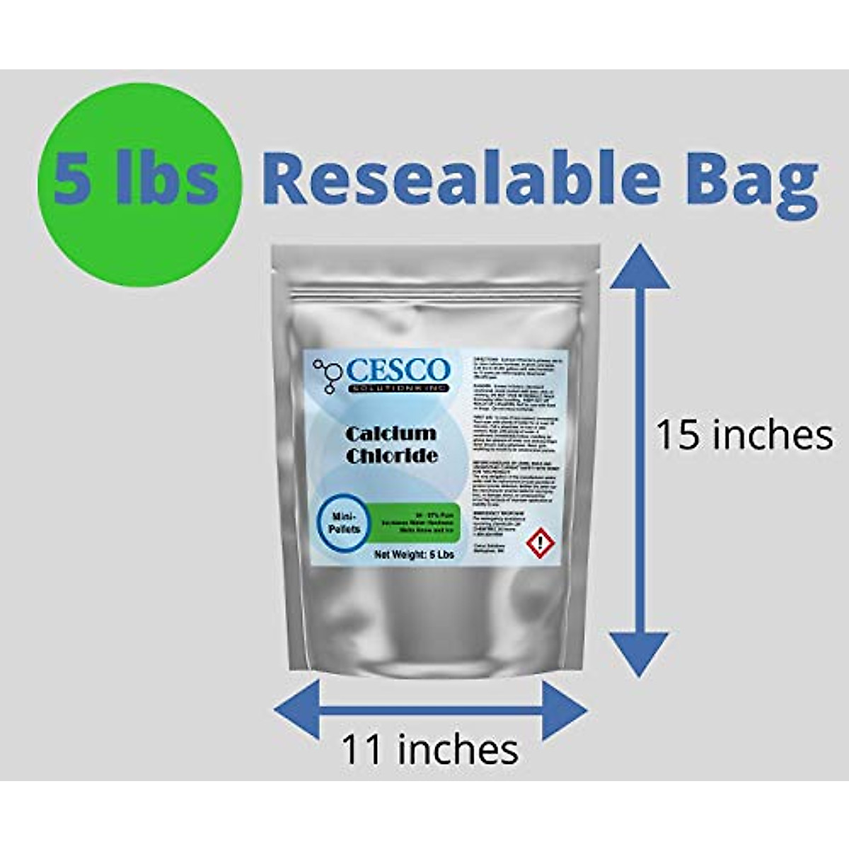 Cesco Solutions – Calcium Chloride Mini Pellets – 94-97% Pure – Ice Melt, Pool Calcium Increaser, Controls Dust & Dirt, Easy Pour, Resealable Package (5 lbs)