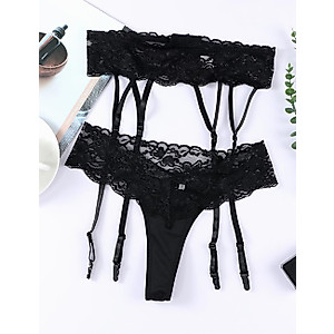Nolrahiur Women's Floral Lace Garter Belt with Thong Elastic High-Waisted Lingerie Set with 4 Straps for Thigh High Stockings