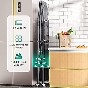 4-tier Storage Shelves for Storage,foldable Collapsible Metal Shelving with Rotational Wheels, Standing Storage Unit Utility Shelf Racks Rolling Cart for Laundry Bathroom Kitchen Pantry Closet, Grey