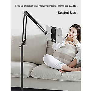 Tablet Floor Stand with Double Weight Base, Overhead Bed Phone Mount Height Adjustable Arm Stretchable Stand Holder, Compatible with iPad Mini Air Pro, Galaxy Tab, Kindle, Switch, Cell Phones-Black