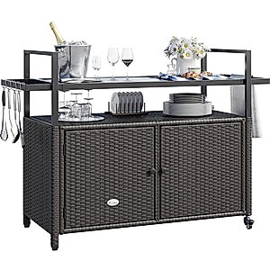 YITAHOME Large Portable Outdoor Wicker Bar Table, Wheels and Black Glass Table Top for Patio Kitchen and Bar Cart (Dark Brown)