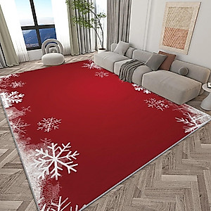 Area Rug for Living Room 4x6 ft Washable Low Pile Rugs Red Snowflakes Christmas Indoor Non Slip Floor Rugs, Ultra Soft Faux Wool Carpet for Bedroom Dining Room Kids Room