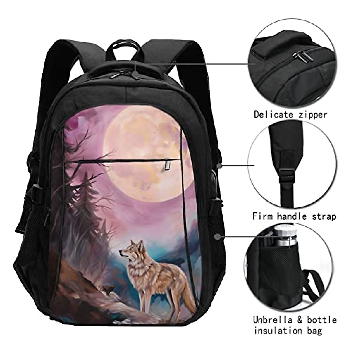 Native American Indians and Wolves Travel Laptop Backpack - Anti Theft Durable Business Laptops Backpack with USB Charging Port