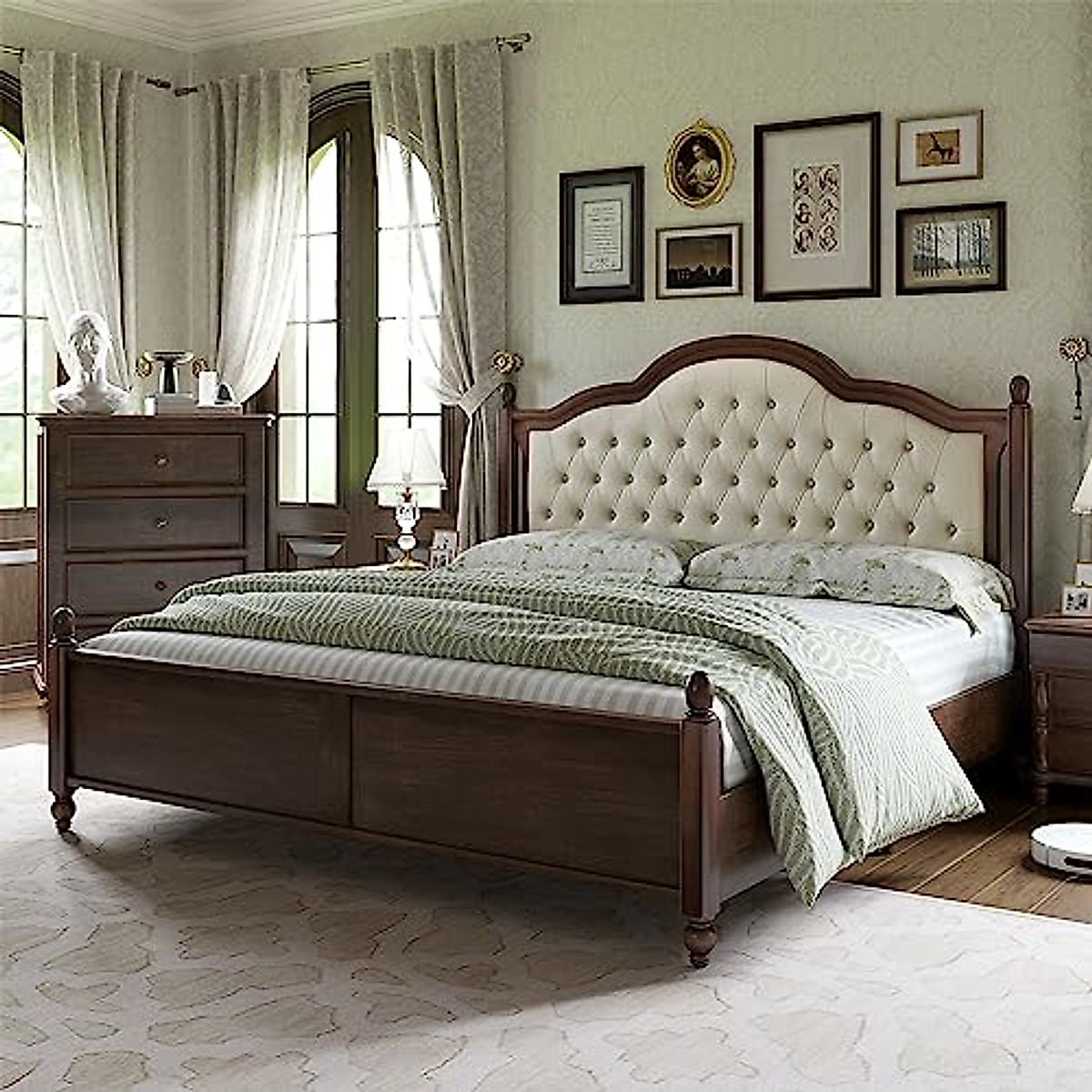 AMERLIFE Solid Wood Bed Frame Queen Size, Transitional Platform Bed with 52.5" Upholstered Tufted Headboard, Rubberwood/Roman Column Accents/Wood Slat Support/No Box Spring Needed