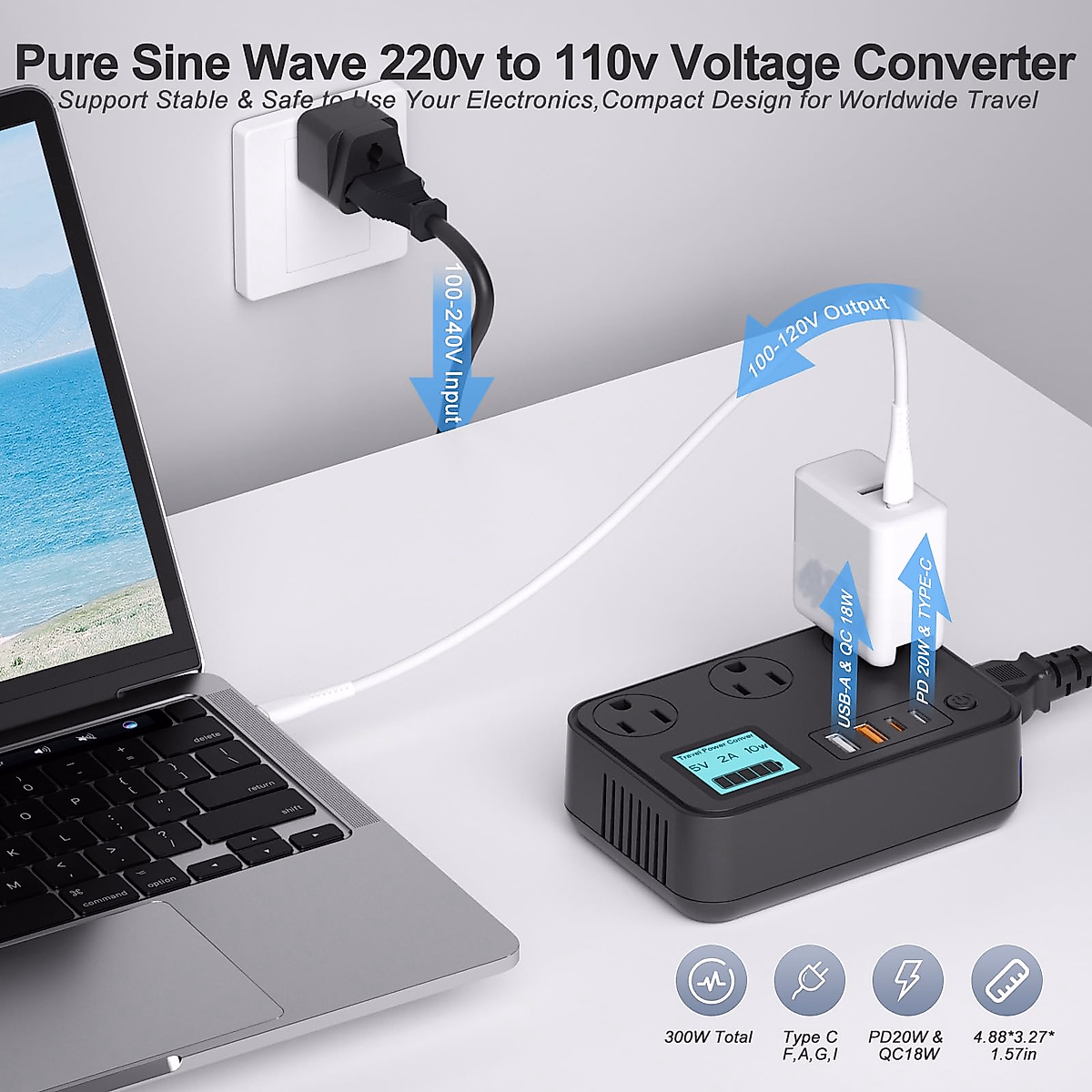 220v to 110v Converter with PD20W+QC18W+2 USB 300W Power Converter Adapter Combo Voltage Converter US to Europe UK AU Asia 180+ Countries Universal Travel Adapter F,C,G,I,A and Storage Bag Included