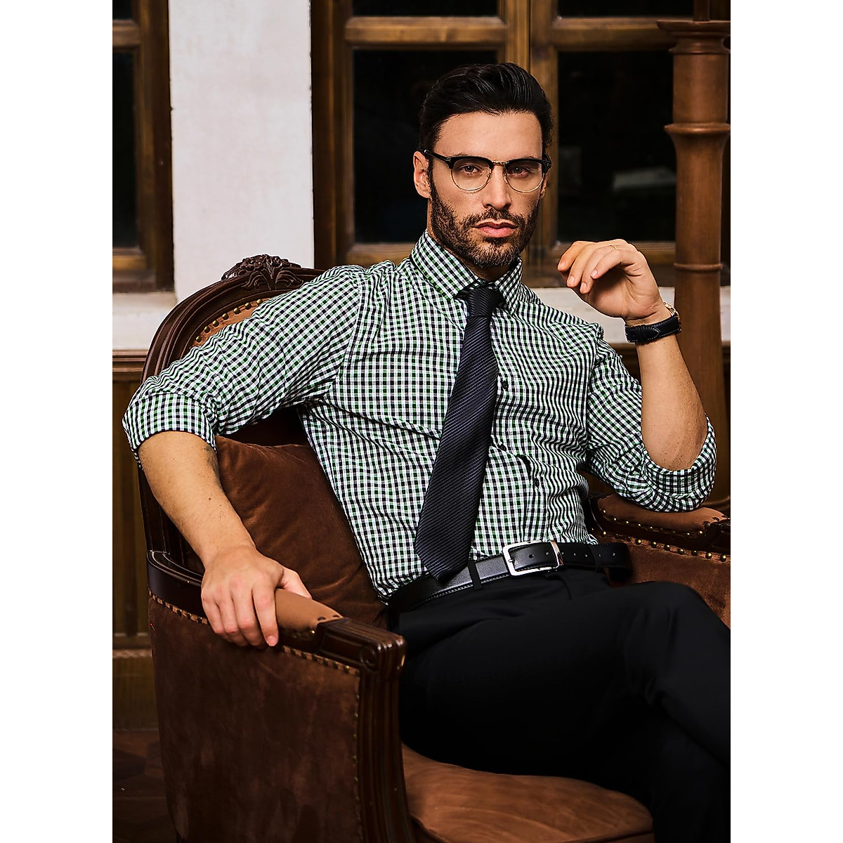 JMIERR Mens Button Up Shirts Long Sleeve Dress Shirts Plaid Slim Fit Fasion Casual Clothing, US 49(2XL), A Green