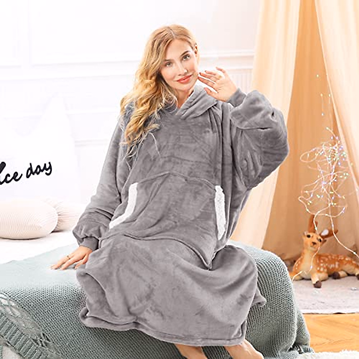 Uttermara Knit Weighted Blanket 10 Pounds 50x60 Inches, Weighted Blankets Knitted, Grey + Blanket Hoodie Women and Men with Giant Front Pocket Elastic Sleeve, Gray