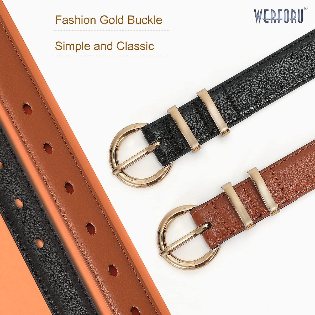 WERFORU 2 Pack Women Leather Belt Waist Skinny Dress Belts Solid Pin Buckle Belt for Jeans Pants