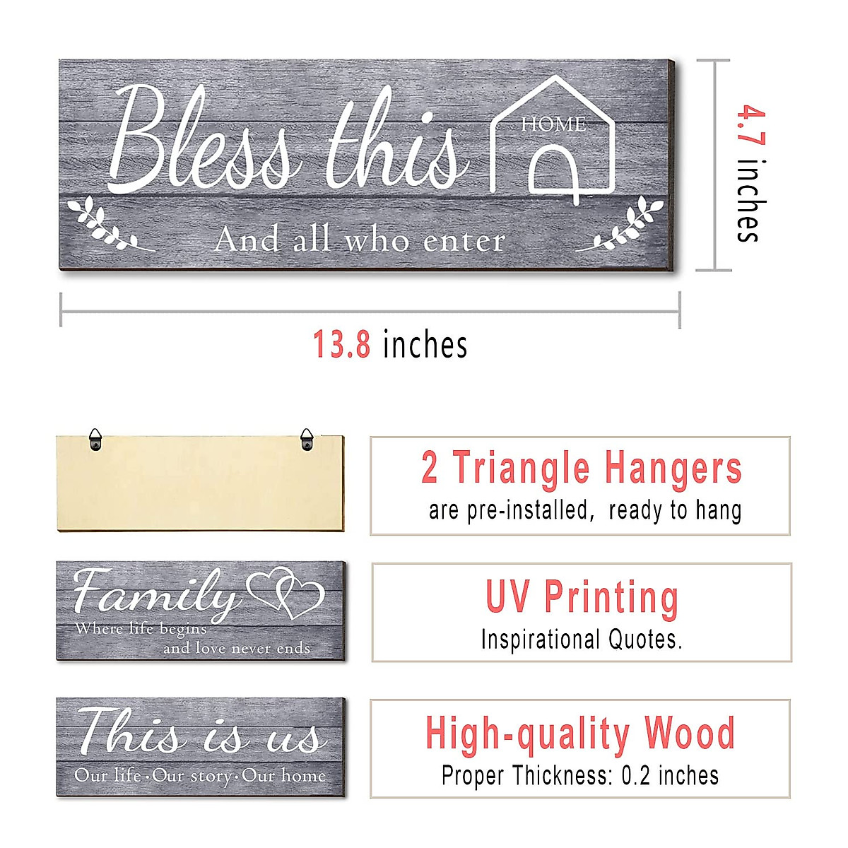 Joyhawk 4 Pieces Wall Decor Signs, THIS IS US, TOGETHER, BLESS THIS HOME, FAMILY Rustic Wooden Farmhouse Wall Art Décor For Living Room Bedroom Kitchen, , 4.7 x 13.8 Inch(Grey)