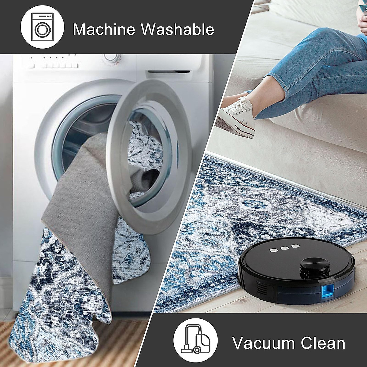 KILOCOCO 5x7 Area Rug, Moroccan Washable Living Room Rug, Vintage Rug Non-Slip, Large Print Faux Wool Throw Rug Indoor Kitchen Rug for Entryway Bedroom Office Carpet, Blue/Multi