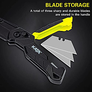 KATA 2-PACK Folding Utility Knife, Heavy Duty Box Cutter for Cartons, Cardboard and Boxes, Extra 10 Blades Included, Blade Storage Design, Quick Change Blades