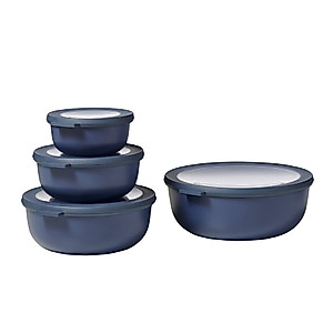 Mepal, Cirqula Set of 4 Multi Food Storage and Serving Bowls with Lids, Food Prep Containers, Shallow, Nordic Denim, (12oz, 25oz, 42oz, 76oz), 1 Set