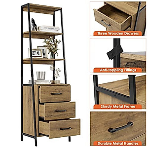 HITHOS 4-Tier Bookshelf, Tall Bookcase with 3 Wooden Drawers, Modern Ladder Book Shlef Storage Organizer for Living Room, Entryway, Office, Rustic Brown