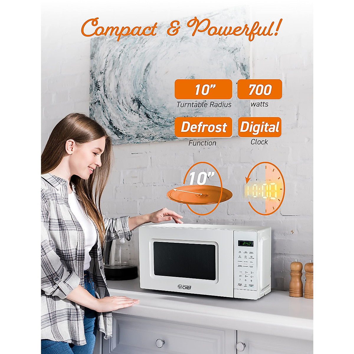 COMMERCIAL CHEF 0.7 Cu Ft Microwave with 10 Power Levels, 700W Microwave with Digital Display, Countertop Microwave with Child Safety Door Lock, Programmable with Push Button, White