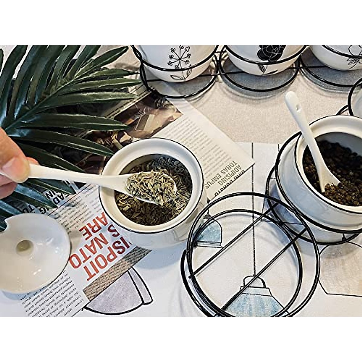 Ceramic Spice & sugar Jars, with Lids Spoons and Shelf,Porcelain Condiment Kitchen Jar Spice Container Set, 230 ML,3 Pcs