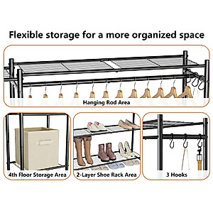 Wardrobe Closet,Portable Clothes Rack with 4 Tiers Shelves,Freestanding Closet Organizers and Storage System with Hanging Rods,Steel Clothing Rack Suitable for Cloakrooms,Bedrooms,Entrances,etc.Black