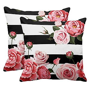Emvency Throw Pillow Covers Colorful Floral Peony and Roses Black and White Stripes Flowered Pink Abstract Decorative Pillow Case Home Decor Square 20" x 20" Pillowcase
