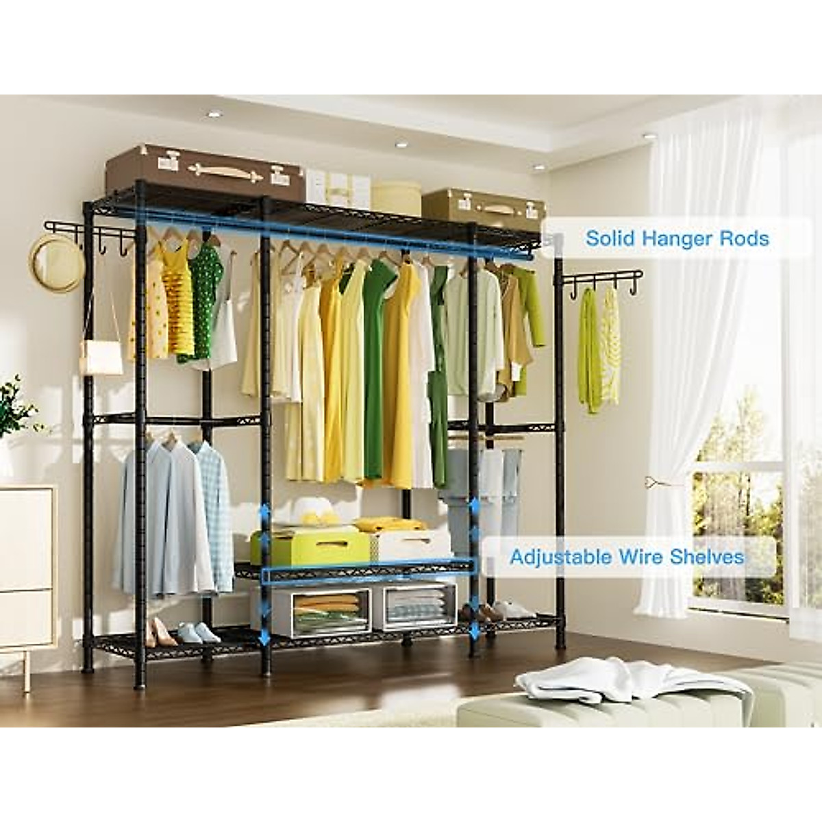 Ulif E3 Heavy Duty Garment Rack, 4 Tiers Freestanding Closet Organizer System with 5 Shelves, Metal Closet Organizer and Storage System for Clothes, Max Load 650lbs, 57.1"W x 14.5"D x 77.3"H, Black