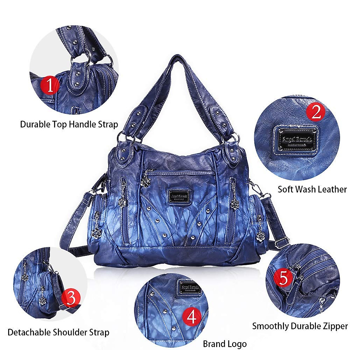 Angel Barcelo Roomy Fashion Hobo Womens Handbags Ladies Purses Satchel Shoulder Bags Tote Washed Leather Bag Blue