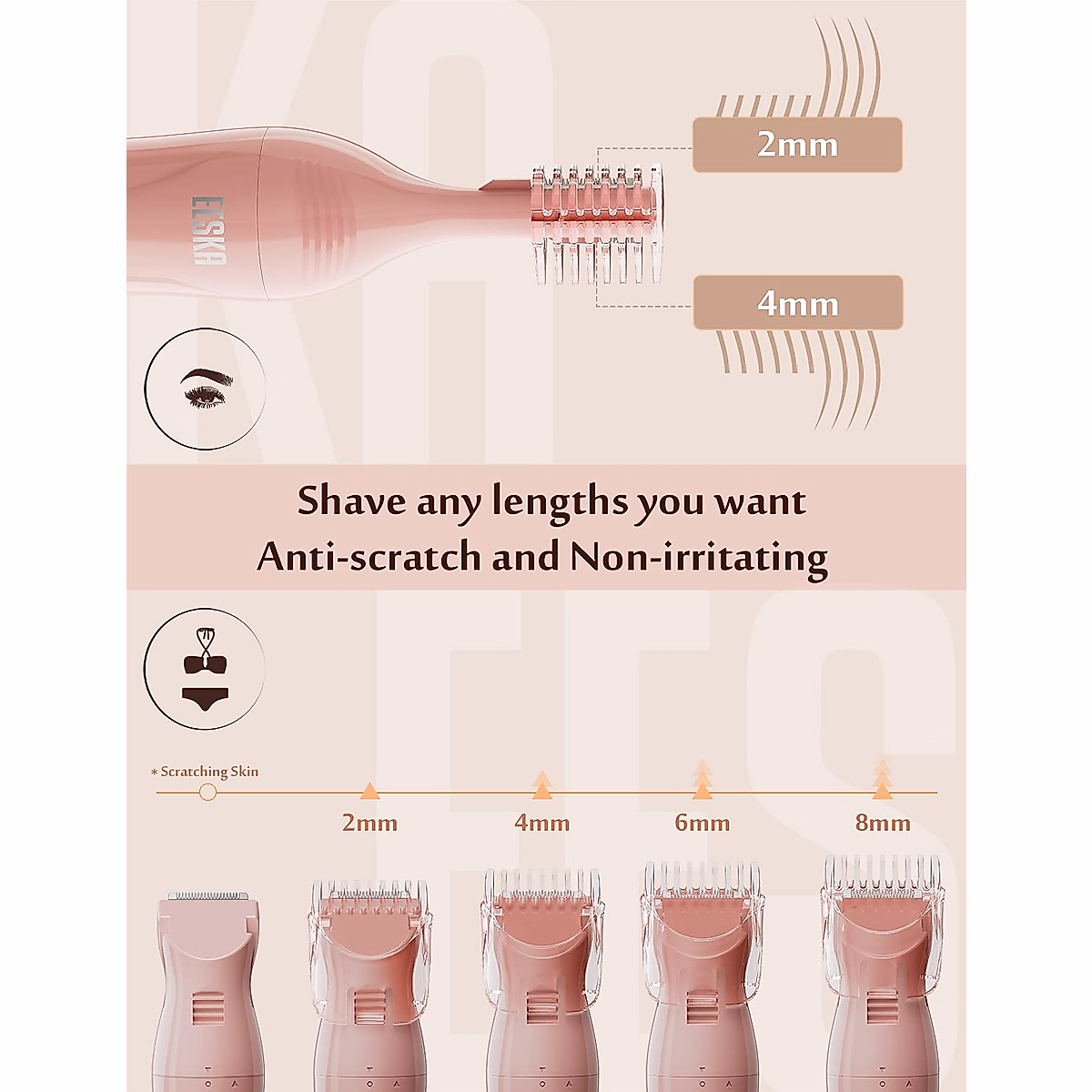EESKA Bikini Trimmer for Women, 3 in 1 Cordless Electric Shaver Clipper IPX7 Waterproof Wet & Dry Use Lady Razor Groomer for Legs, Arms & Bikini with Painless Facial Hair Removal Eyebrow Trimmer