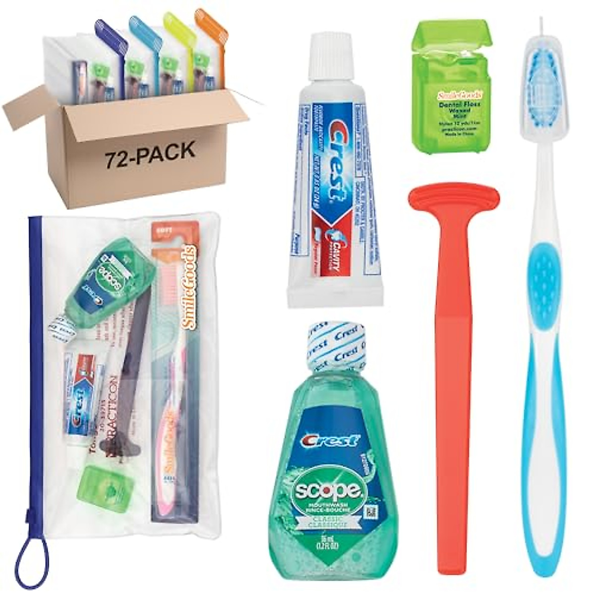 Practicon 101737 SmileGoods Adult Super Deluxe Dental Care Kit with Toothbrush, Toothpaste, Floss, Tongue Cleaner and Mouthwash, Pack of 72