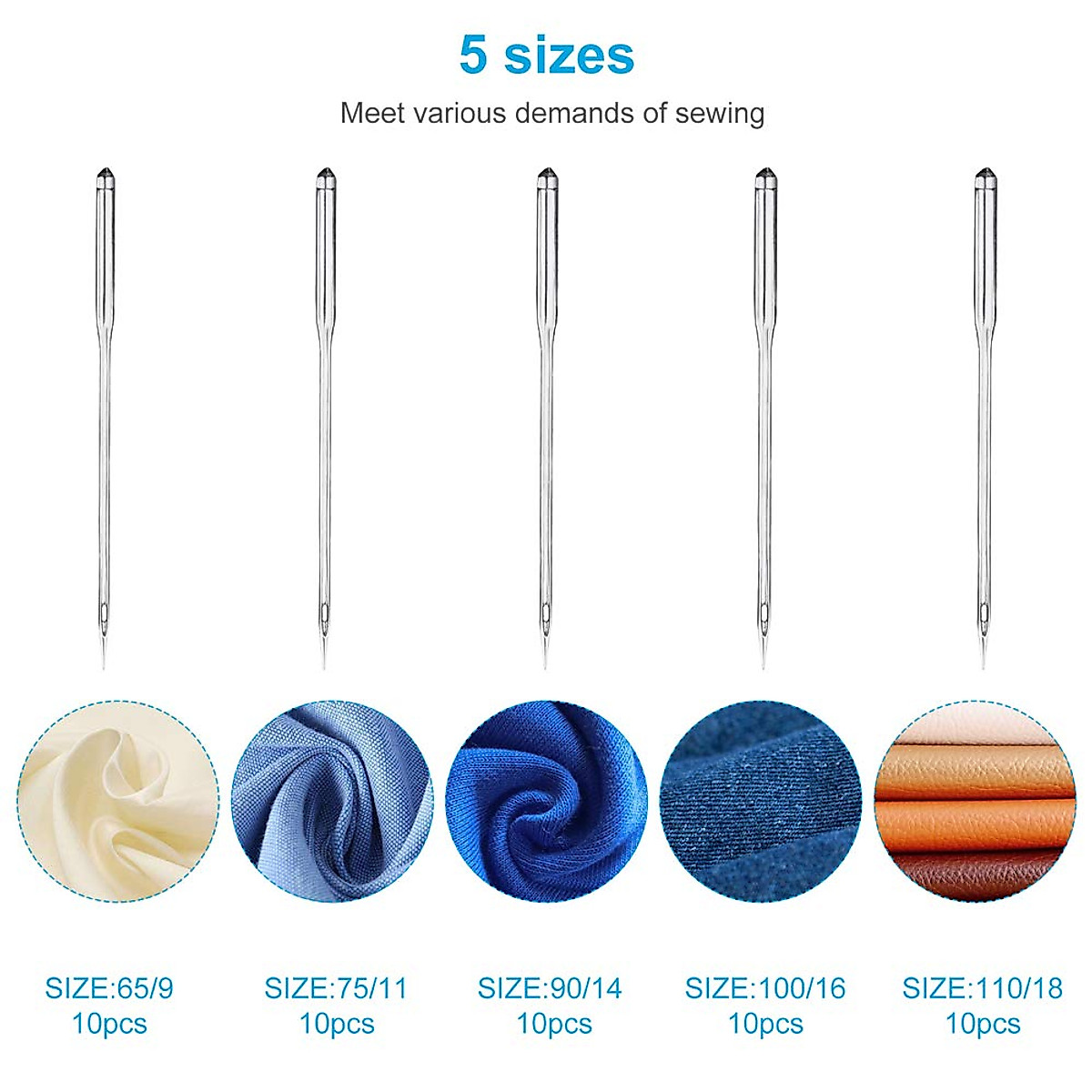 50PCS Sewing Machine Needles, Universal Sewing Needles for Singer, Brother, Bernina, Kenmore, Janome, Schmetz, Easy Thread with 2PCS Needle Threaders, Size 9 11 14 16 18