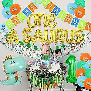 Sursurprise One a Saurus Birthday Decorations, Dinosaur 1st Happy Birthday Party Supplies with Balloons Highchair Banner and Baby Photo Banner, T-Rex Roar Party Decor for Boy One Year Old