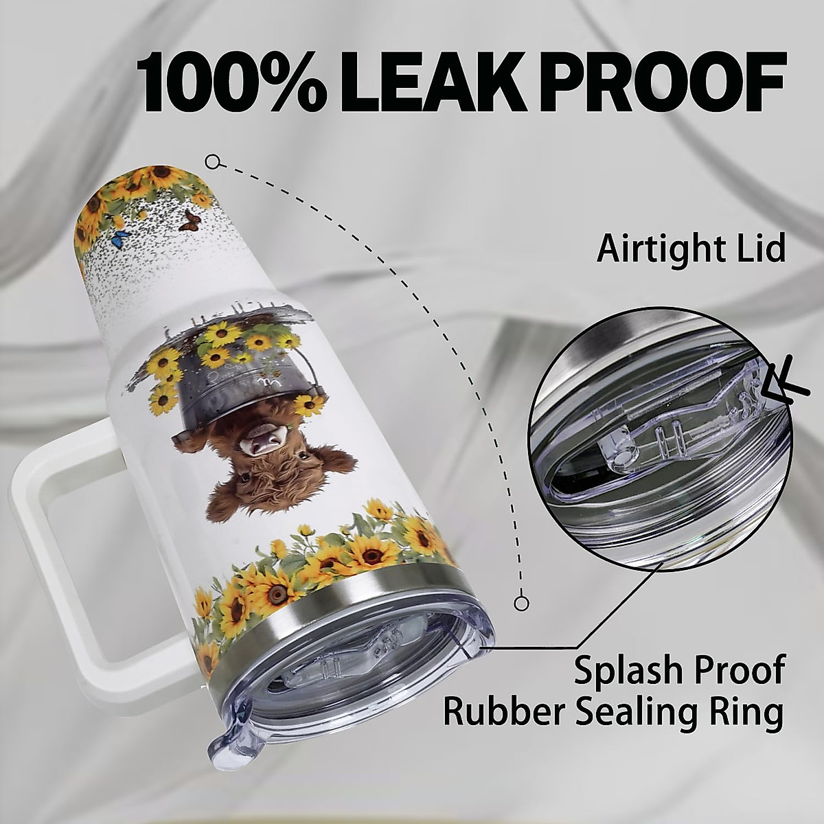 ZNYYZYBA 40 oz Tumbler with Handle and Straw, Highland Cow Tumbler with Leak Proof Lid, Reusable Stainless Steel Insulated Travel Coffee Mug, Highland Cow Gifts for Cow Lovers, white brown